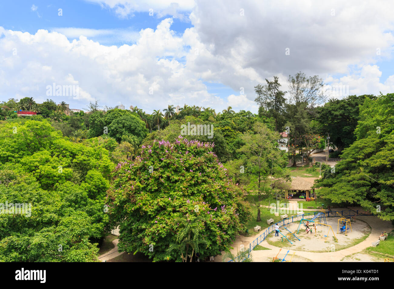 Lush green vegetation and children in playground, Parque Almedares ...