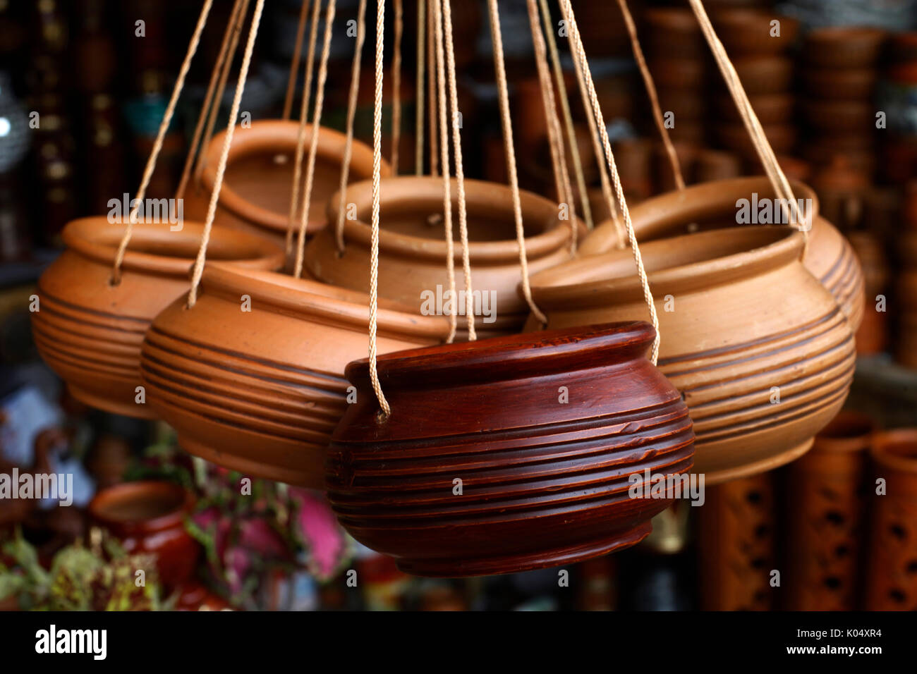 Clay potteries on display at a road-side shop in Dhaka, Bangladesh on ...