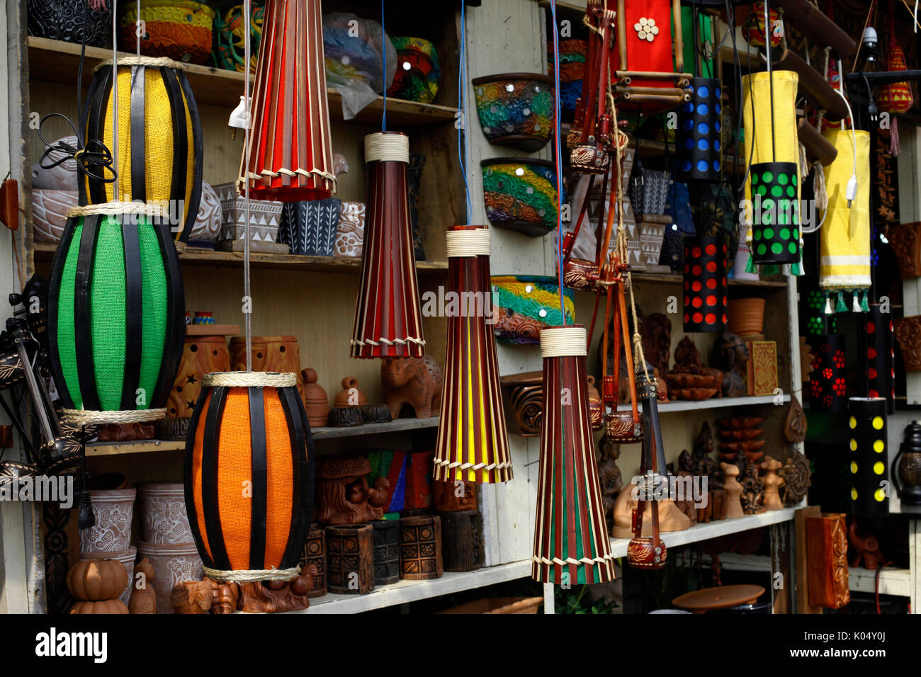 Decorative handicrafts on display at a road-side shop in Dhaka ...