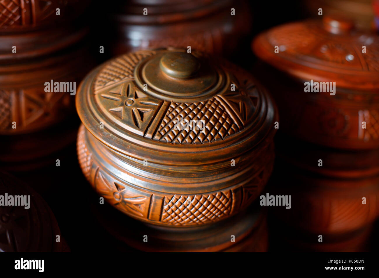 Clay potteries on display at a road-side shop in Dhaka, Bangladeshon ...