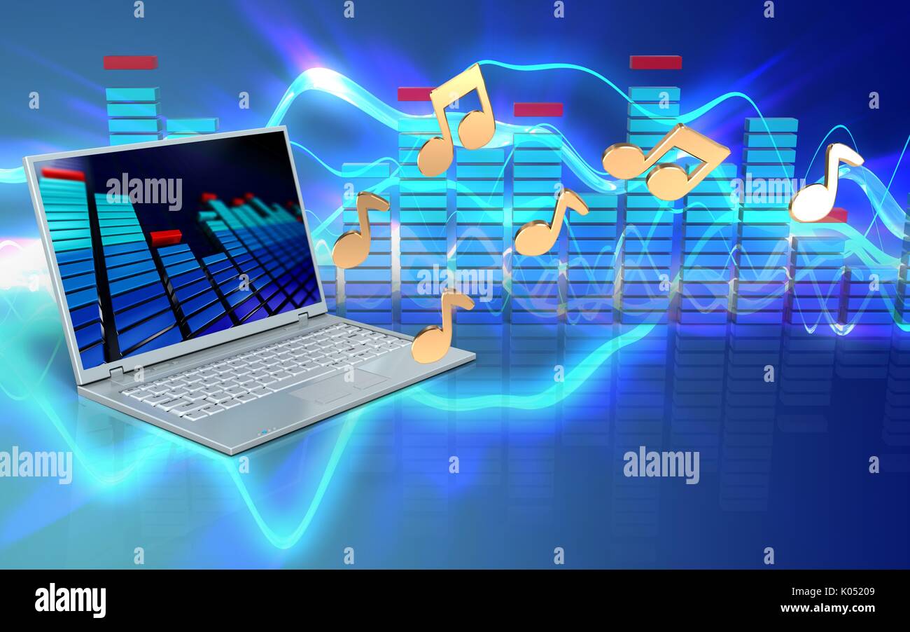 3d illustration of laptop computer over sound waves blue background ...