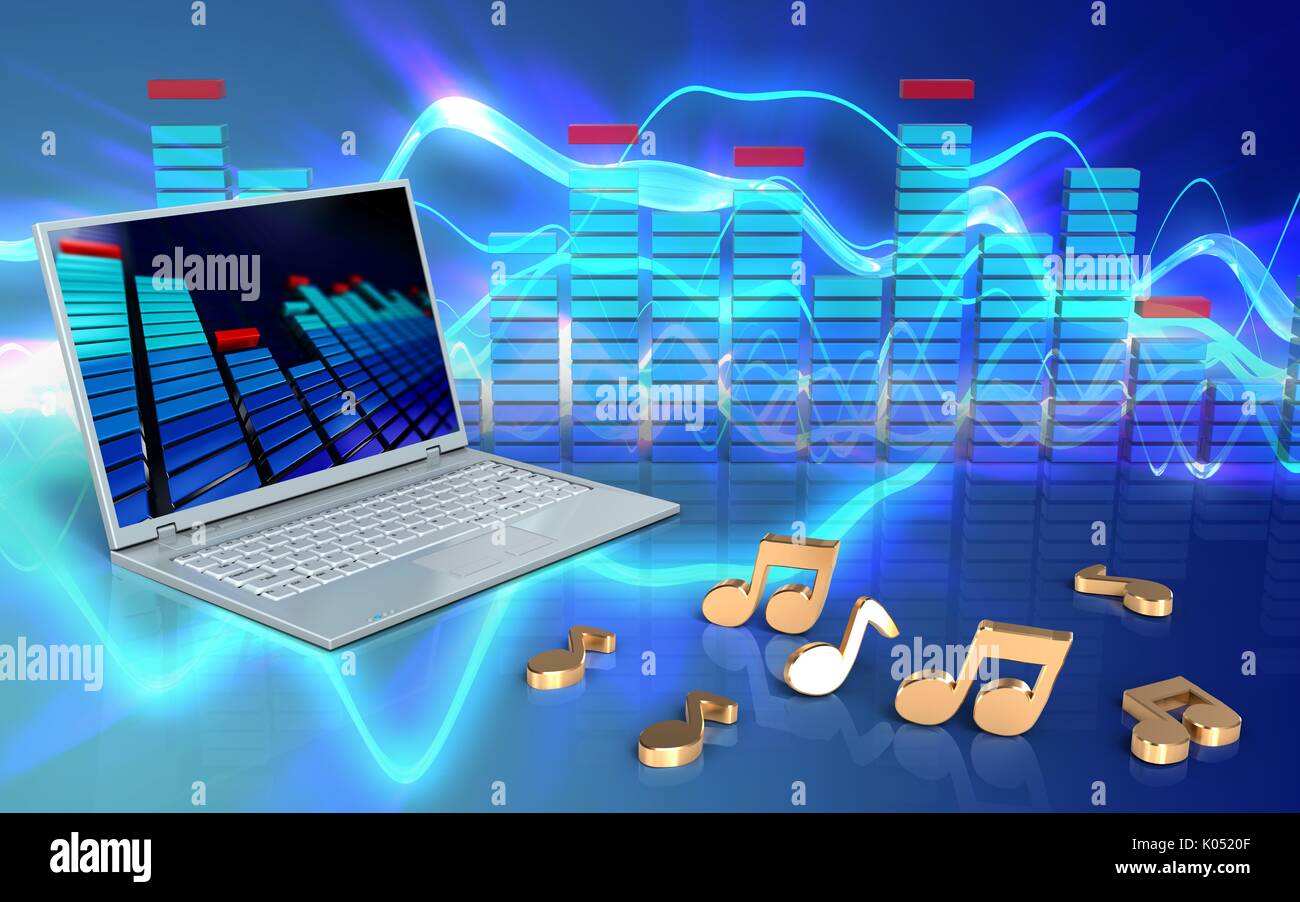 3d illustration of laptop computer over sound waves blue background ...