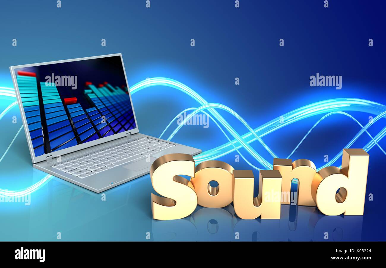 3d illustration of laptop computer over sound background with 'sound ...