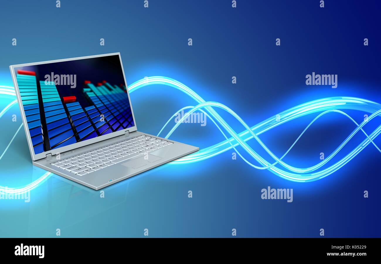 3d illustration of laptop computer over sound background Stock Photo ...
