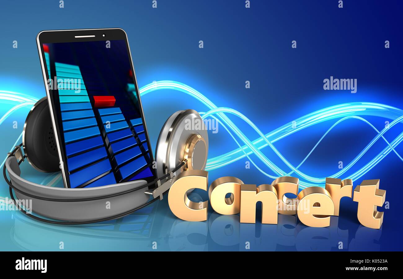 3d illustration of mobile phone over sound background with concert sign ...