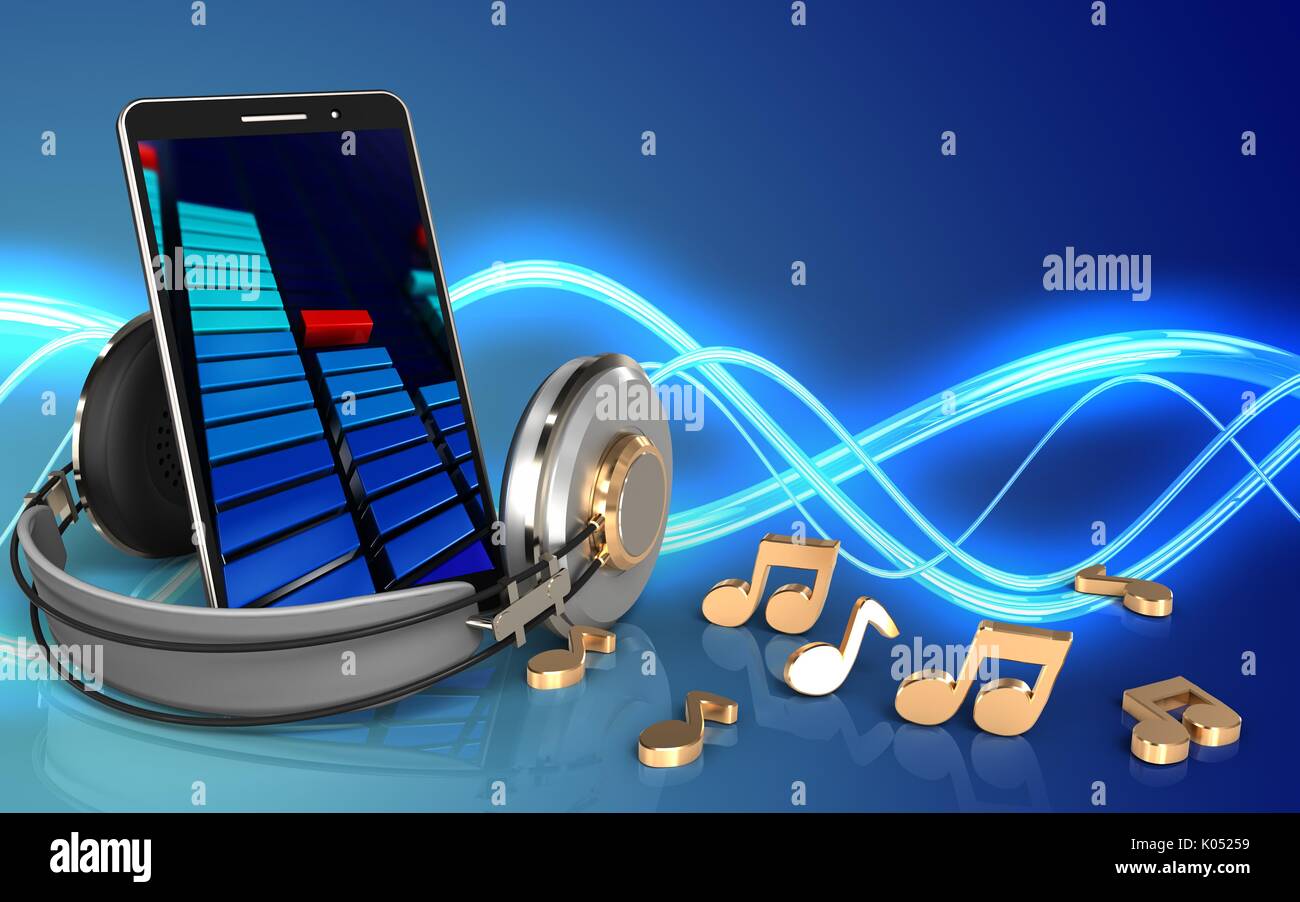 3d illustration of mobile phone over sound background with notes Stock ...