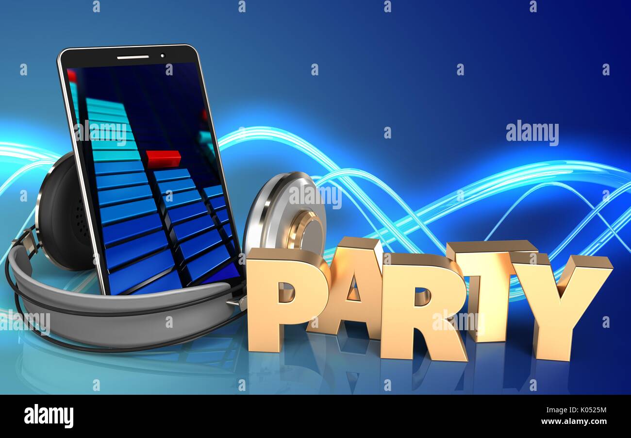 3d illustration of mobile phone over sound background with party sign ...