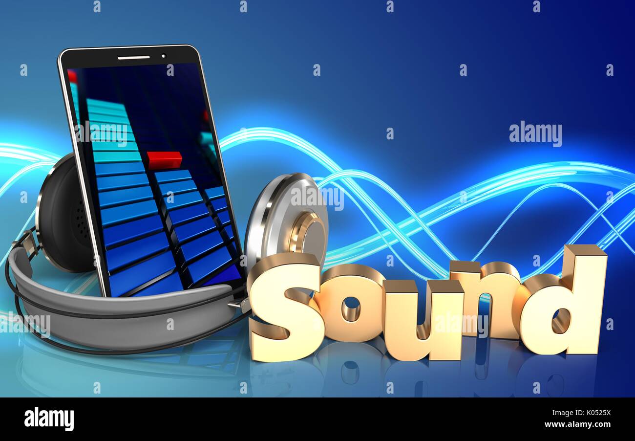 3d illustration of mobile phone over sound background with 'sound' sign ...