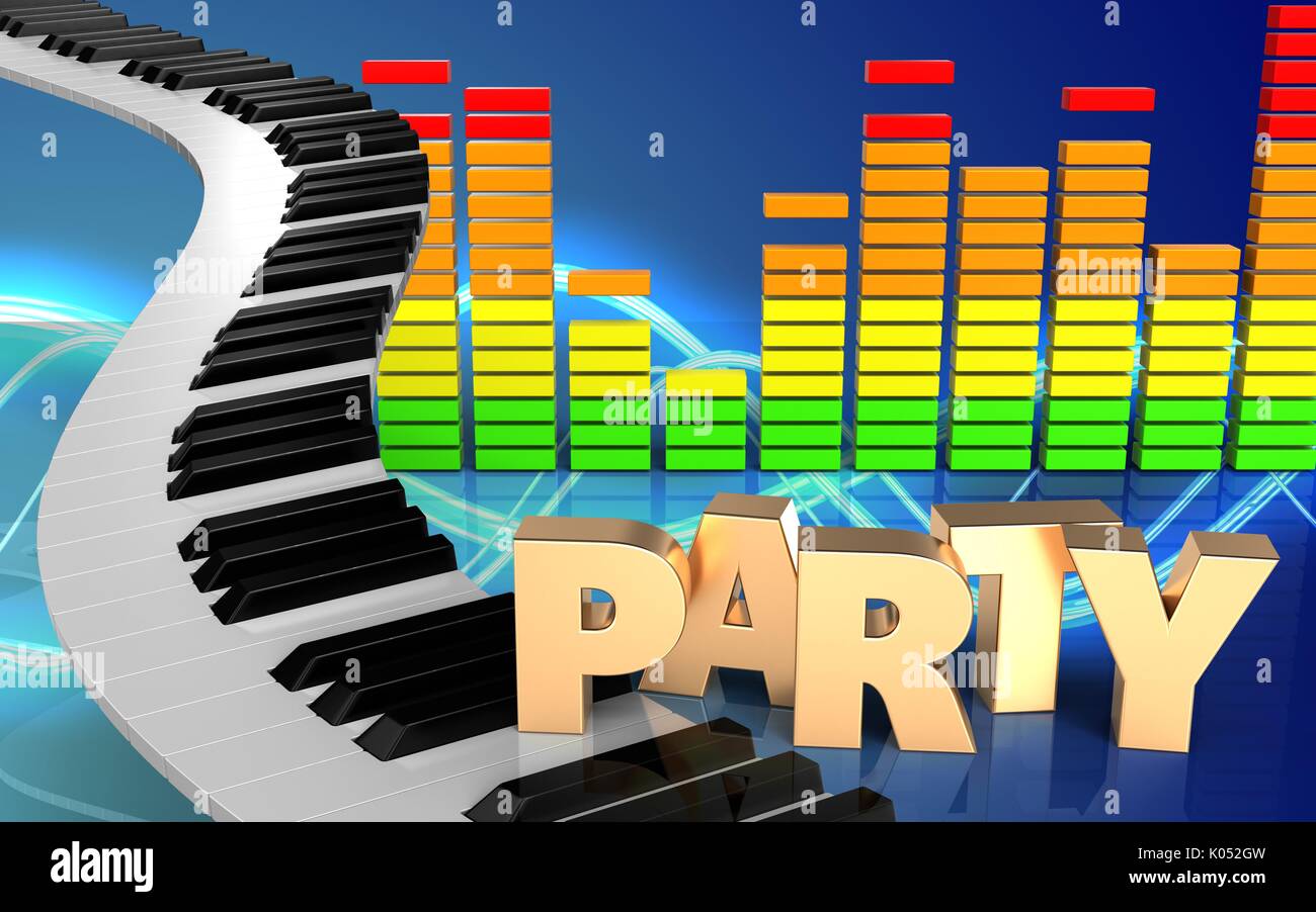 3d illustration of piano keys over sound background with party sign ...