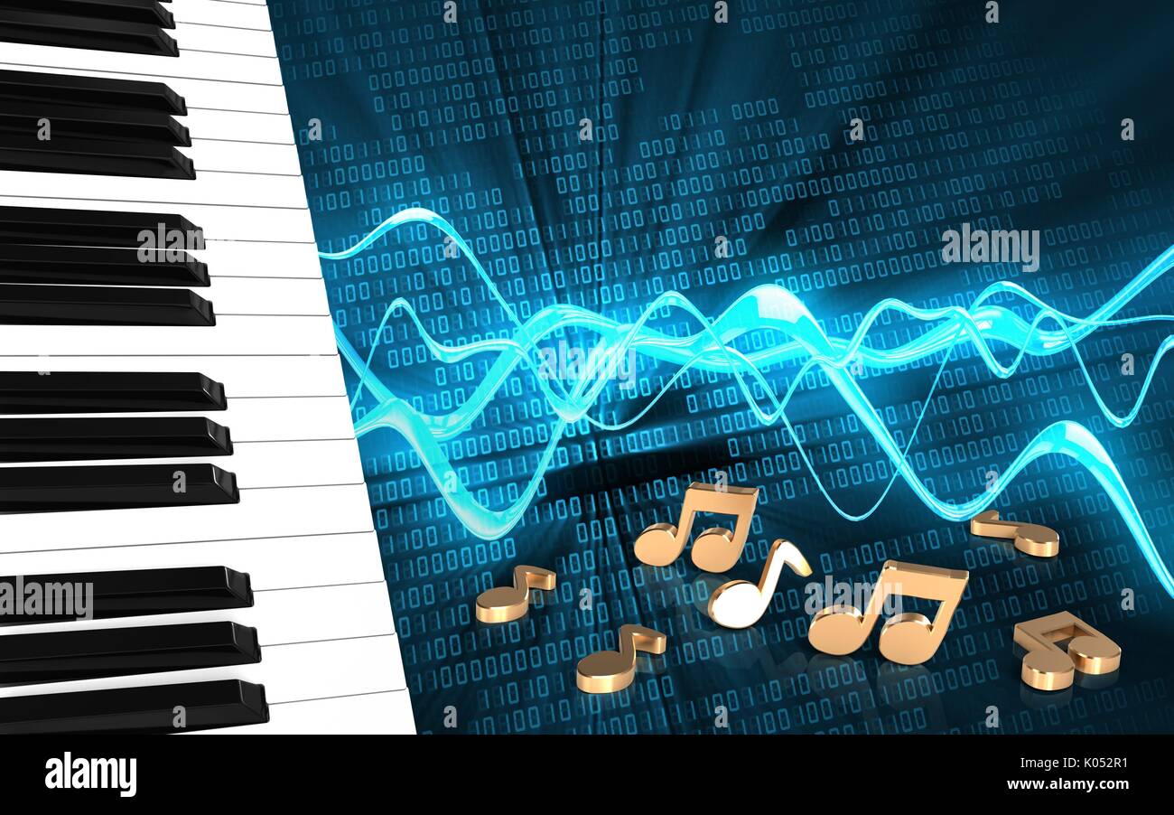 3d illustration of piano keys over sound wave digital background with ...