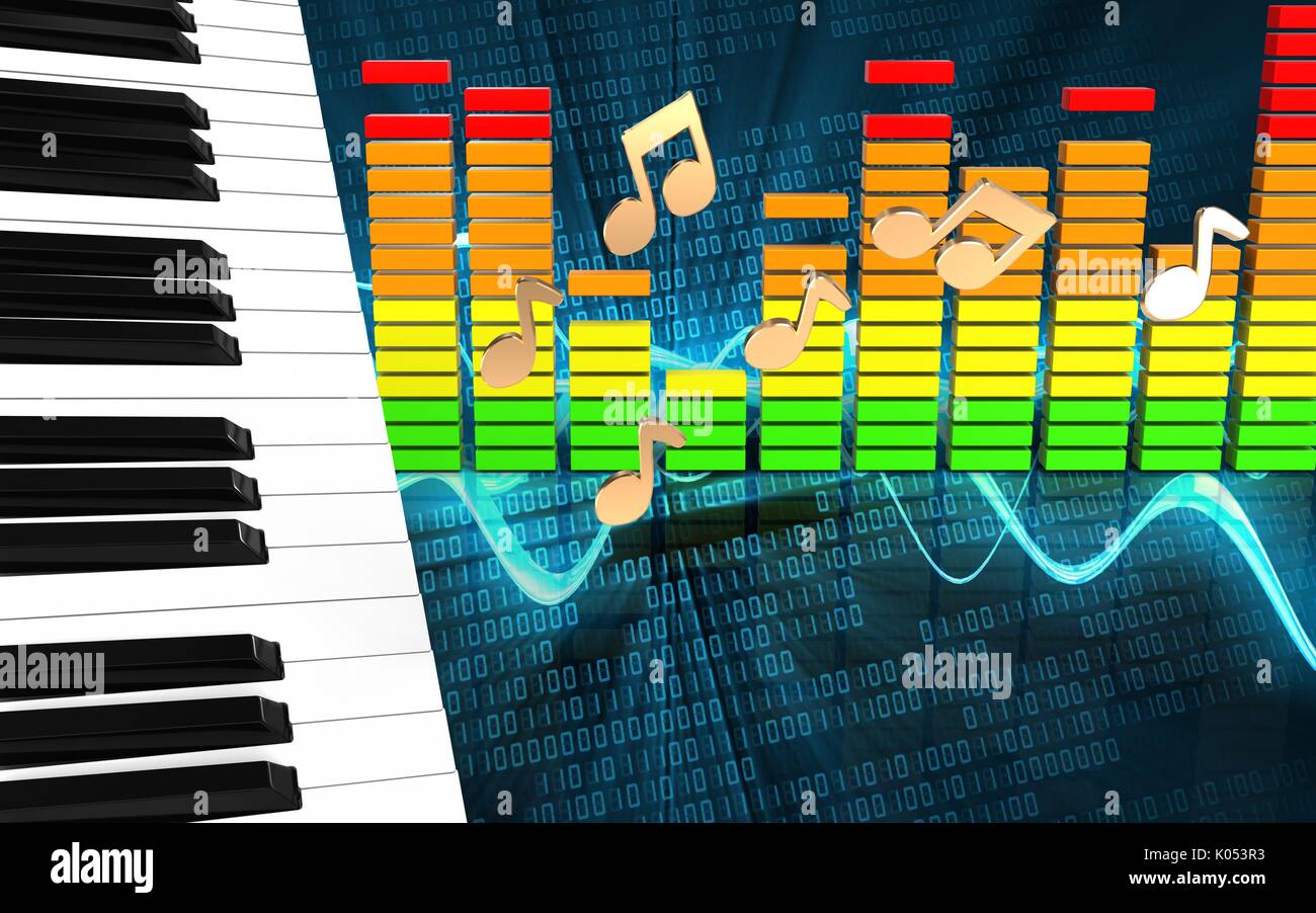 3d illustration of piano keys over sound wave digital background with ...