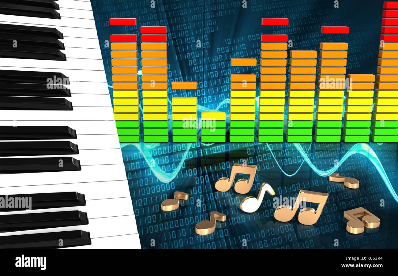 3d illustration of piano keys over sound wave digital background with ...