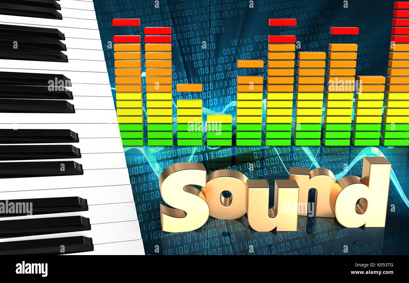 3d illustration of piano keys over sound wave digital background with ...