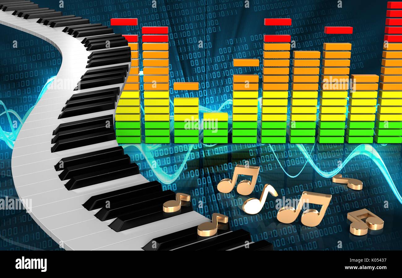 3d illustration of piano keys over sound wave digital background with ...