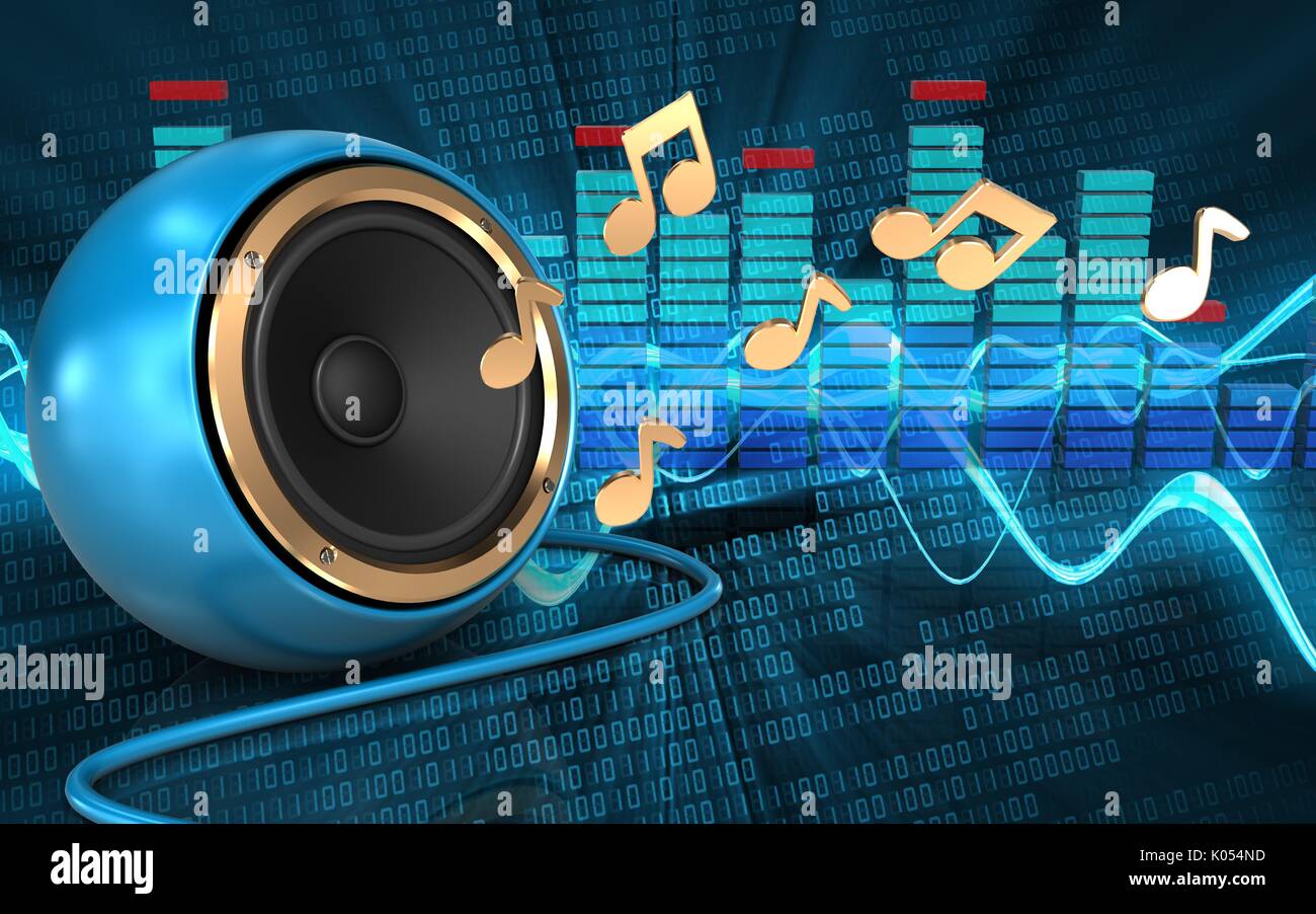 3d illustration of blue sound speaker over sound wave digital ...