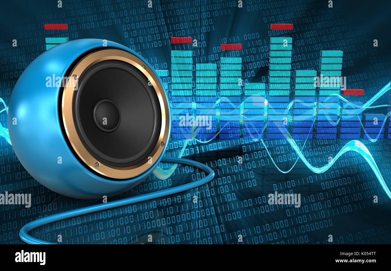 3d illustration of blue sound speaker over sound wave digital ...