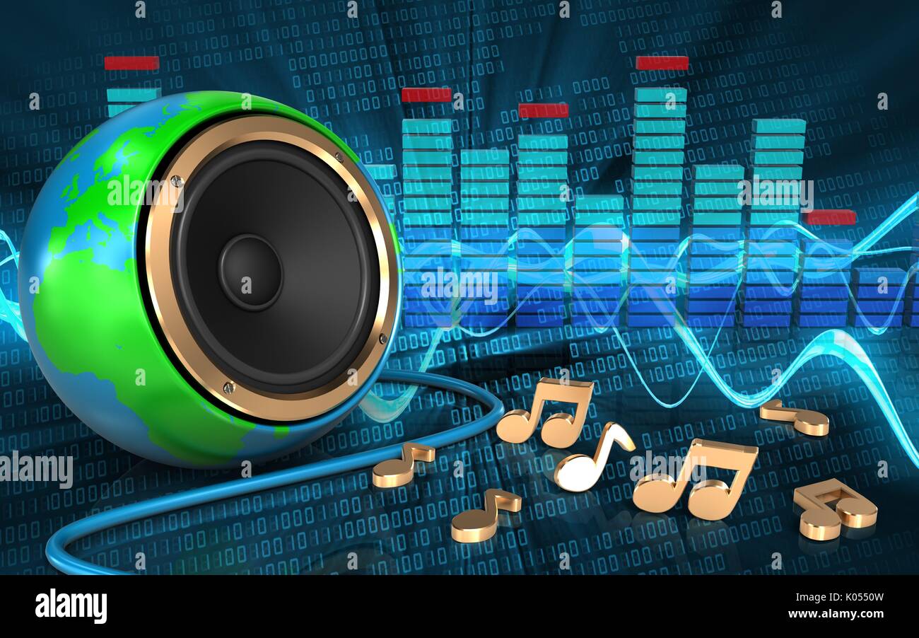 3d illustration of earth globe speaker over sound wave digital ...