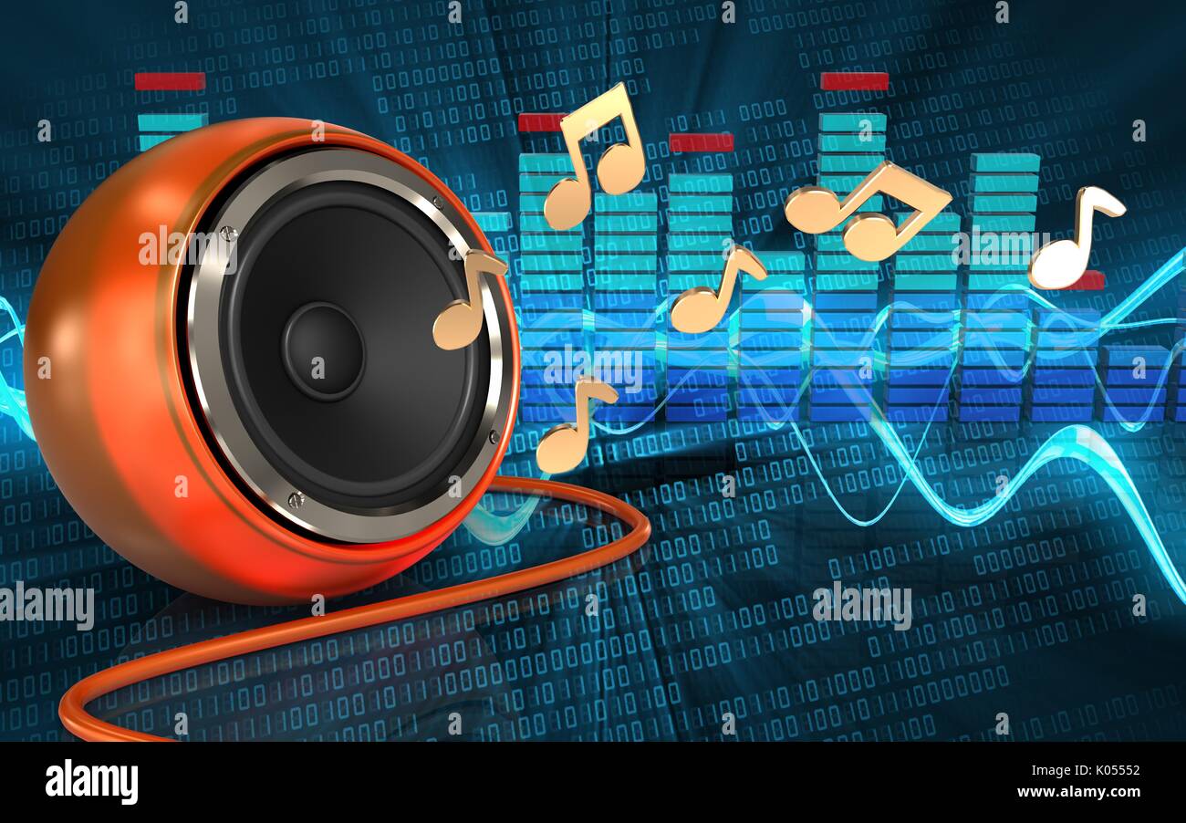3d illustration of orange speaker over sound wave digital background ...