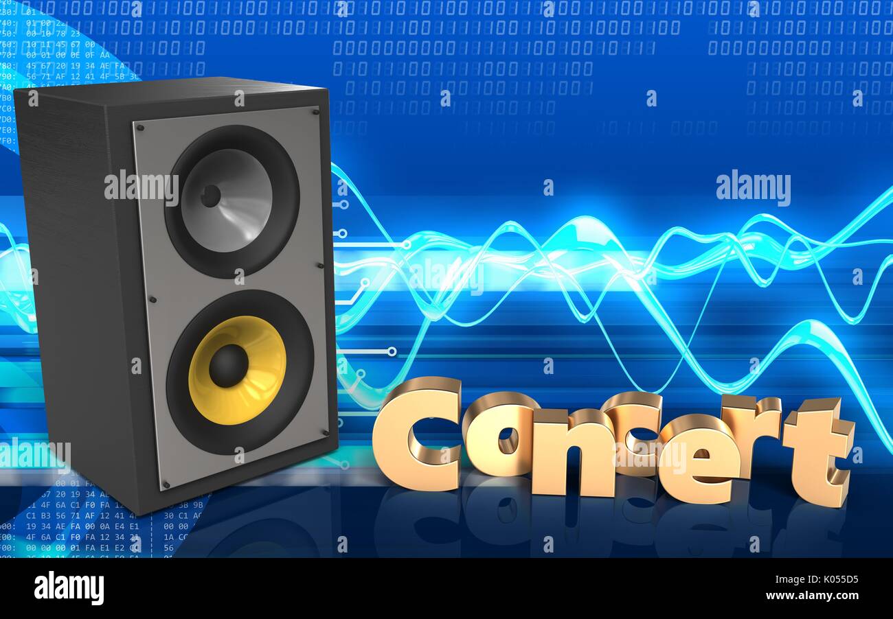 3d illustration of sound system over cyber background with concert sign ...