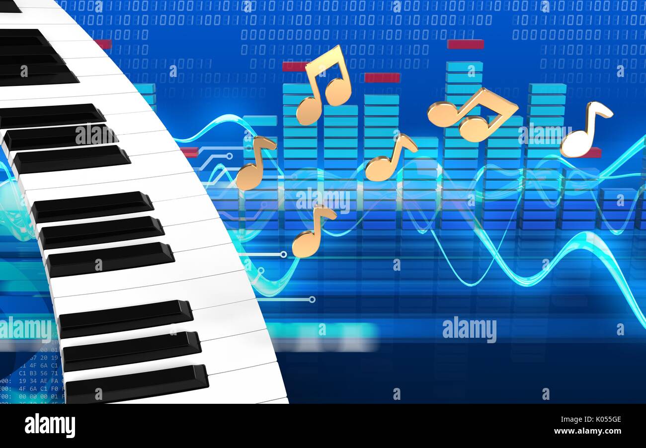 3d illustration of piano keyboard over cyber background with notes ...