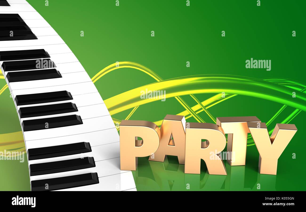 3d illustration of piano keyboard over green background with party sign ...
