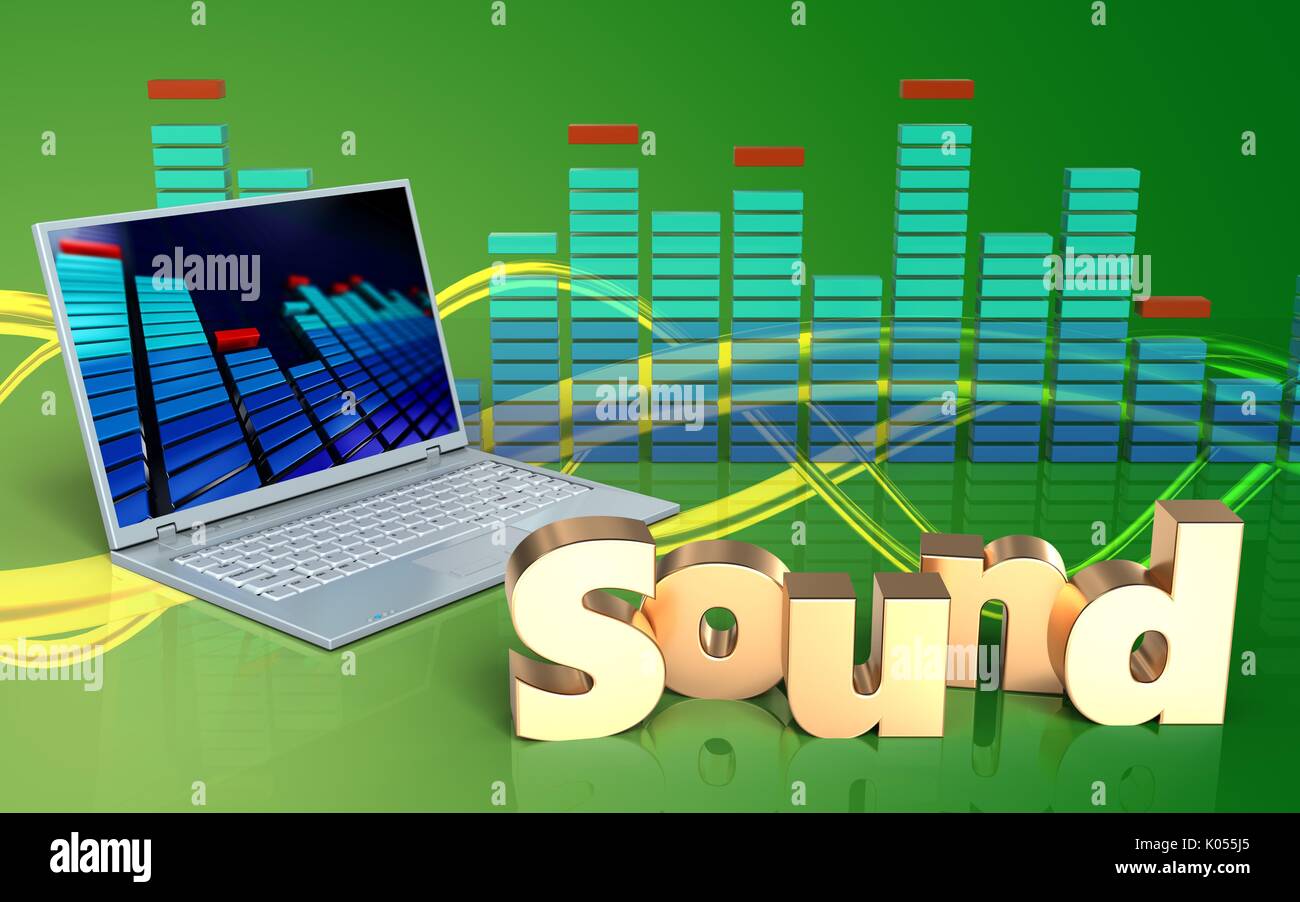 3d illustration of laptop computer over green background with 'sound ...