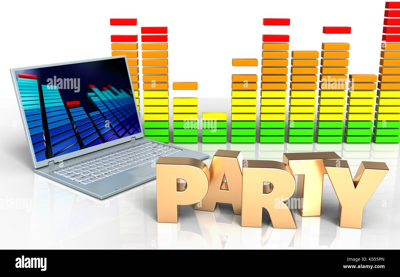 3d illustration of laptop computer over white background with party ...