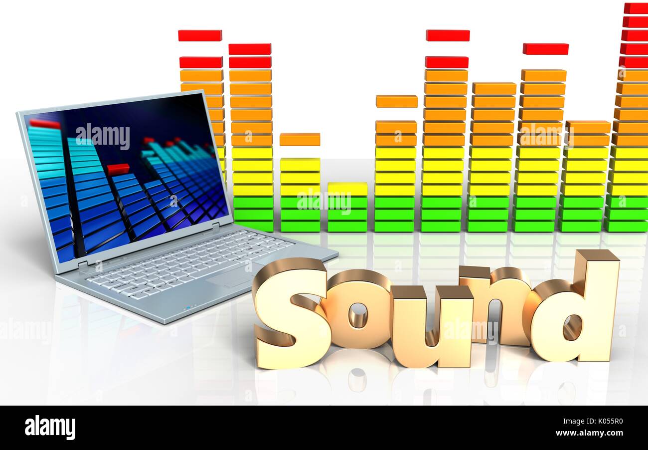 3d illustration of laptop computer over white background with 'sound ...