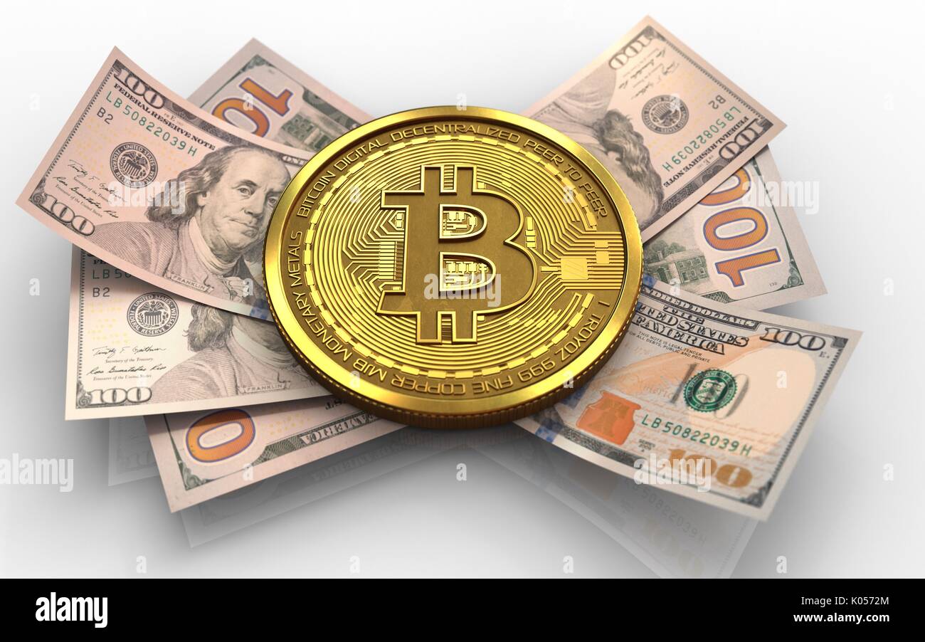 3d illustration of bitcoin over white background with banknotes Stock ...