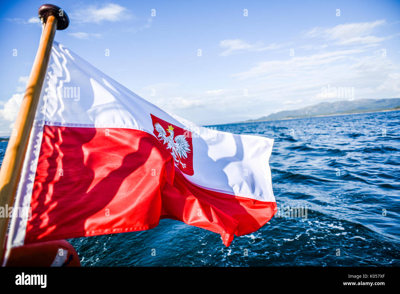 Polish flag waving while sailing on a yacht in the north sea Stock ...