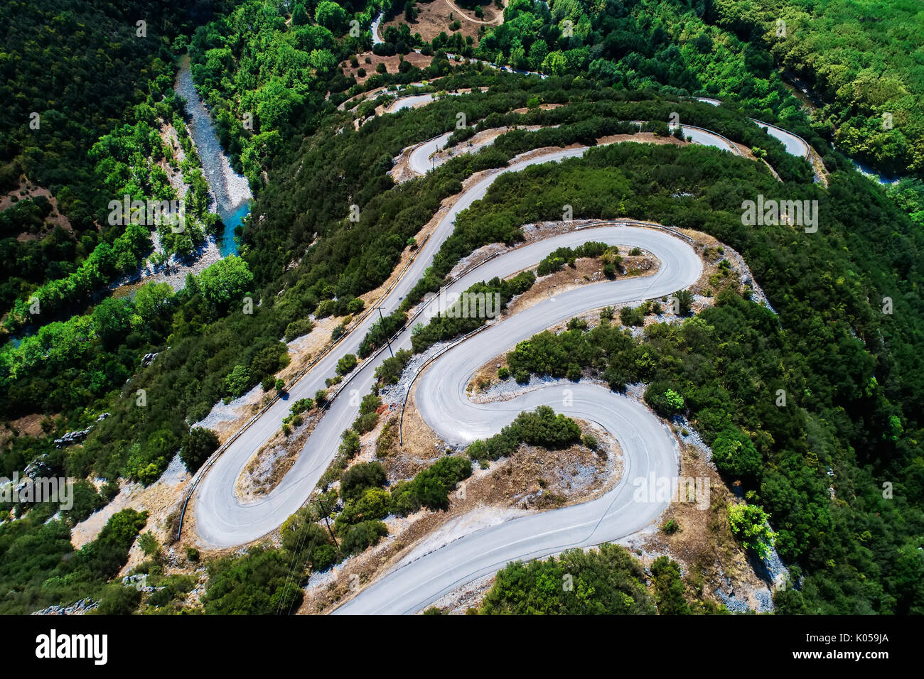 Aerial view of the provincial with many zigzag road in the Epirus ...