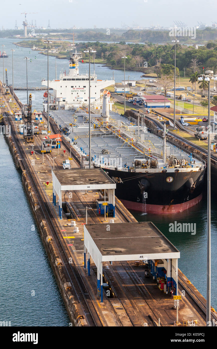 Panama Canal, Panama. Oil Products Tanker Inca Entering First Lock ...