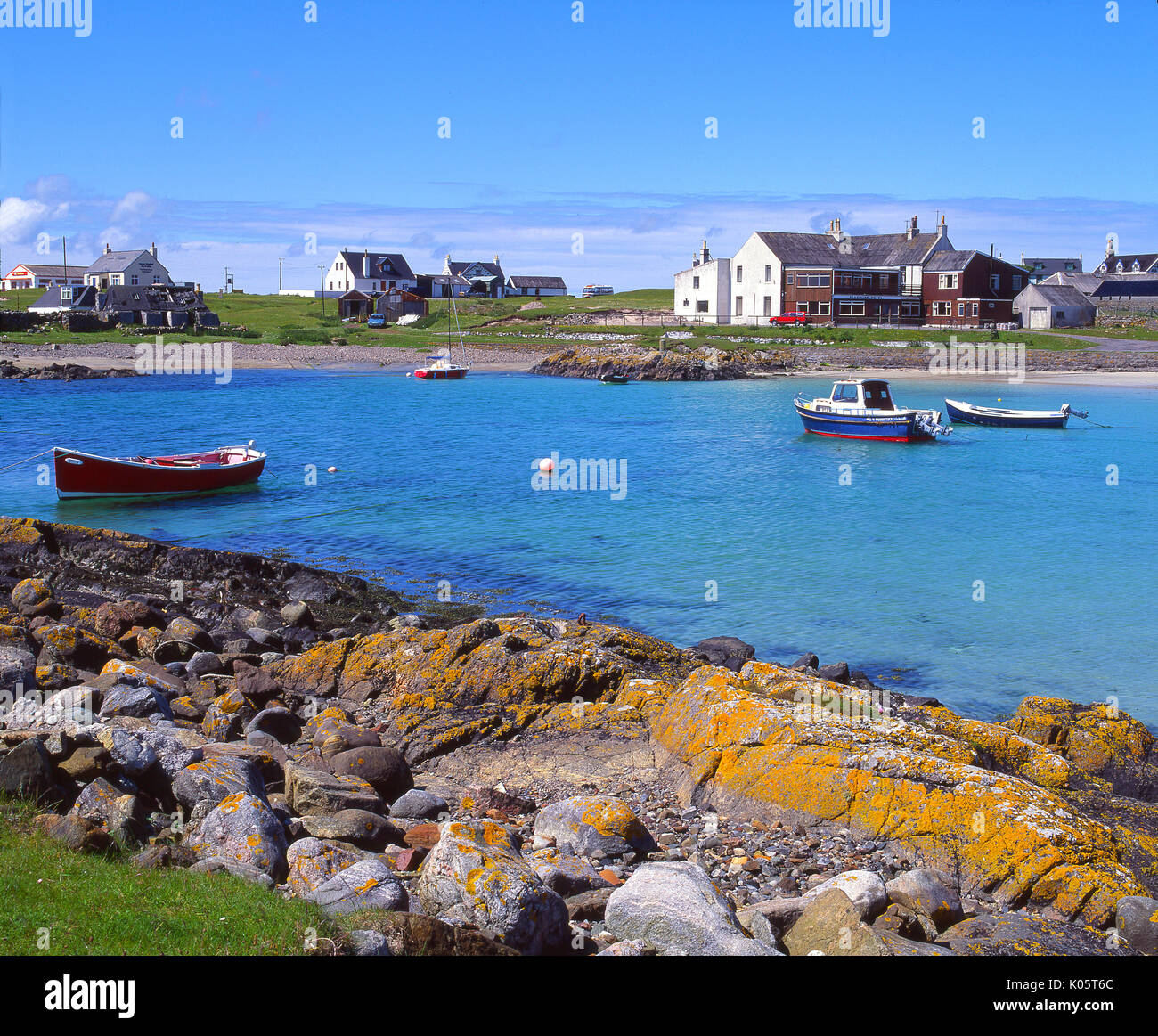 Lovely summer view across Scarinish harbour on the beautiful island of ...