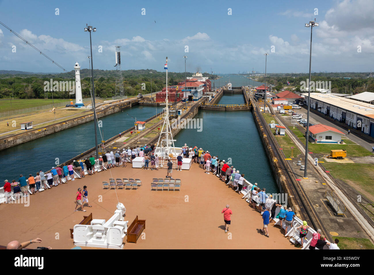 Panama Canal, Panama. Passengers on Deck watch as Ship Transits Three ...