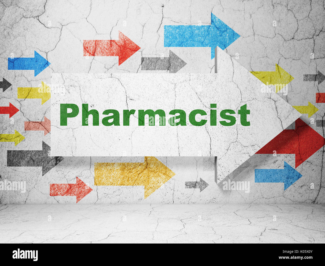 Healthcare concept: arrow with Pharmacist on grunge wall background ...