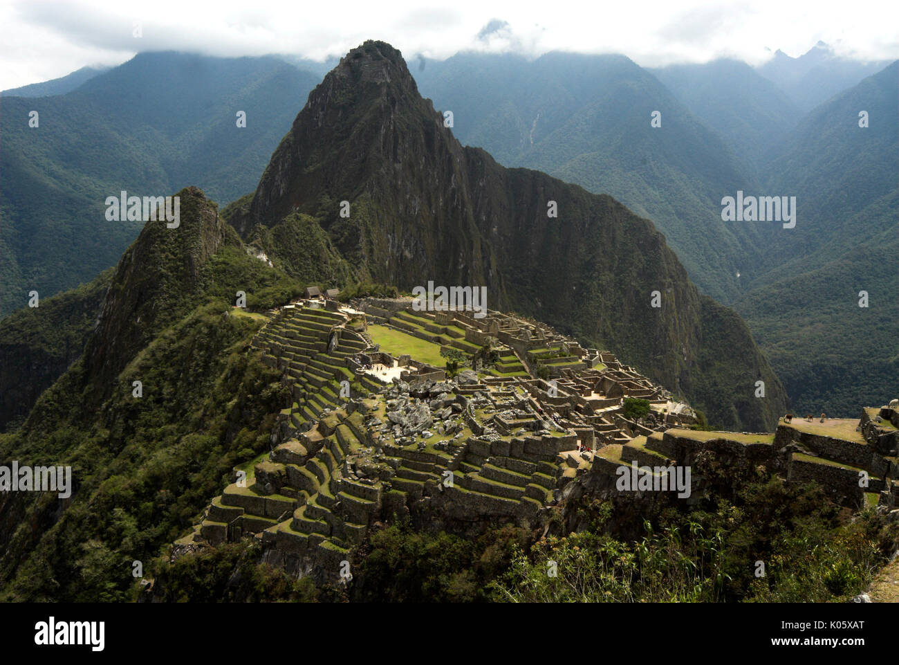 Machu Picchu Inca Ruins, view looking down onto ruins, Mount Huayna ...