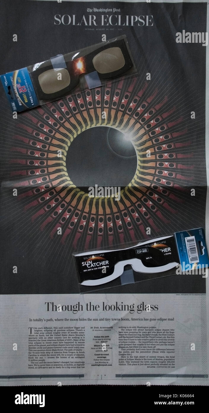 Bethesda, USA. 21st Aug, 2017. Preparing for the Solar Eclipse, a pair of "sun catcher" solar ...