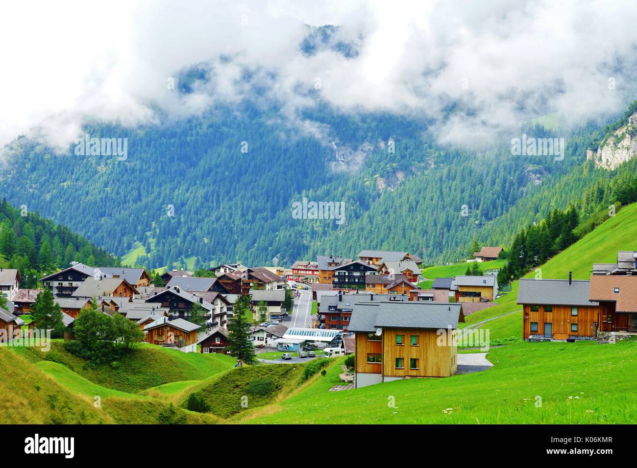 View of Malbun, a ski resort village in the Alps mountains in ...