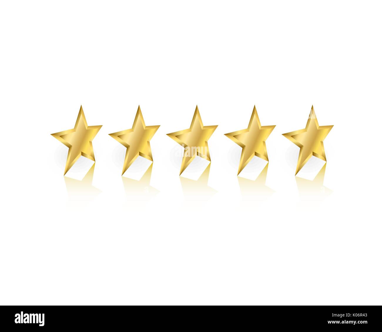 Five gold stars turned sideways with reflection on white background ...
