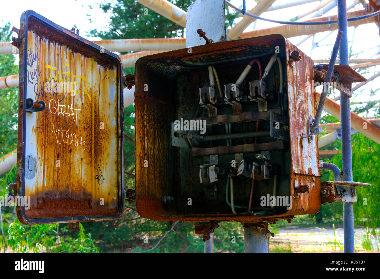 Old rusty junction boxes. Dead military unit. Consequences of the ...