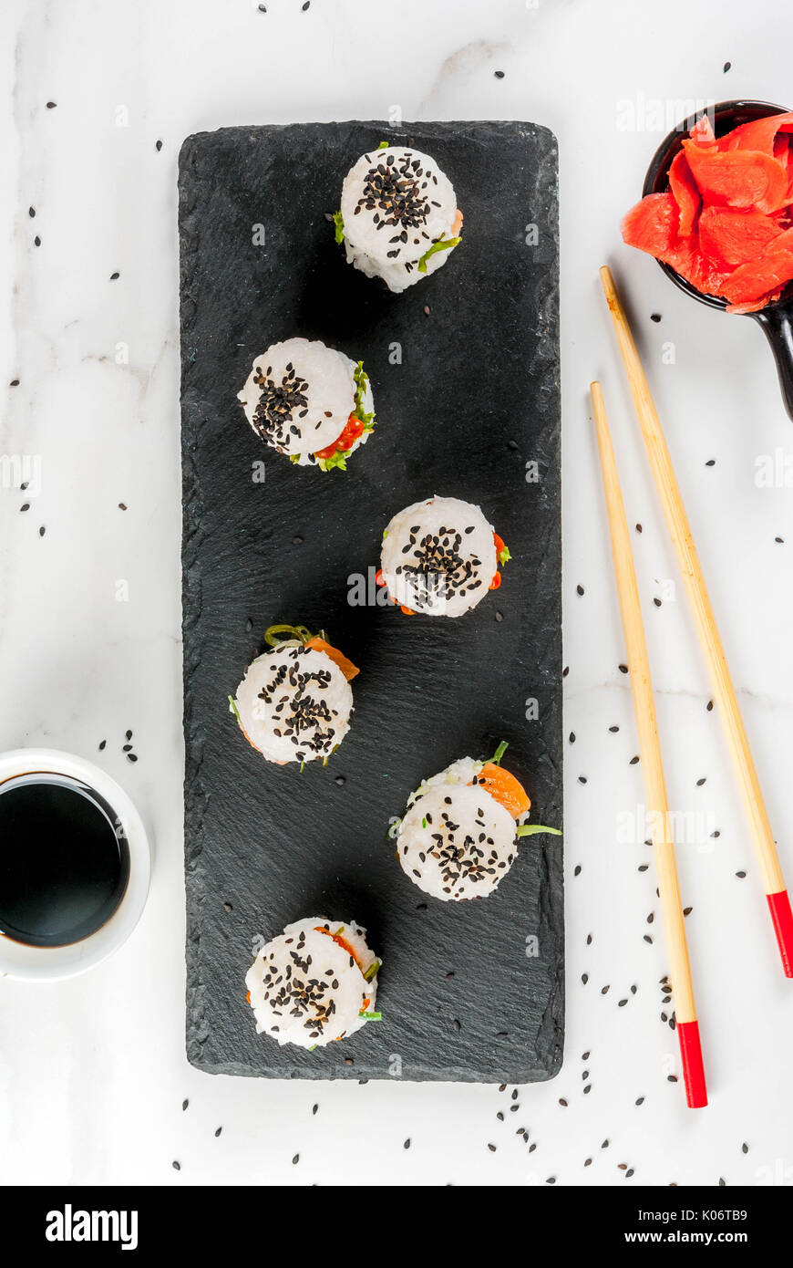 Trend hybrid food. Japanese Asian cuisine. Mini sushi-burgers ...