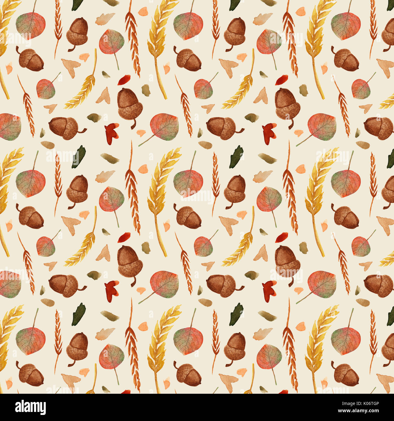 Fall watercolor pattern background with acorns, spikes and leaves Stock ...