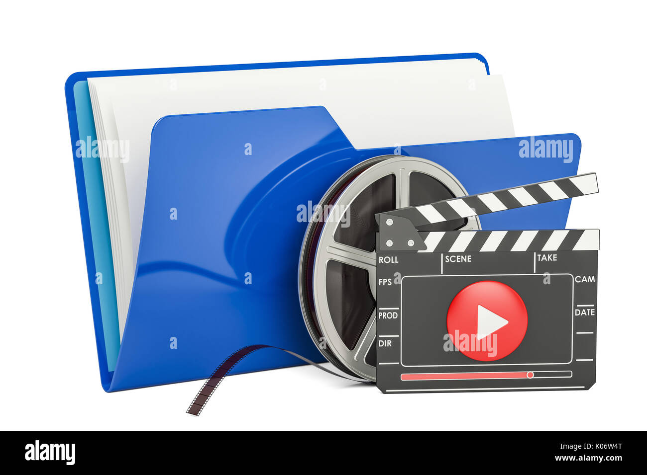 Blue computer folder icon with film reel and clapperboard, 3D rendering ...