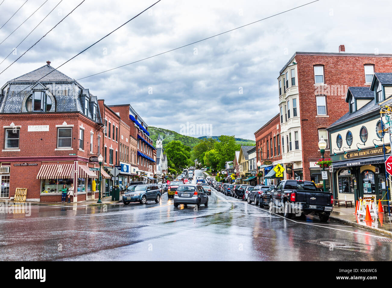 Camden, USA - June 9, 2017: Downtown small village in Maine during rain ...