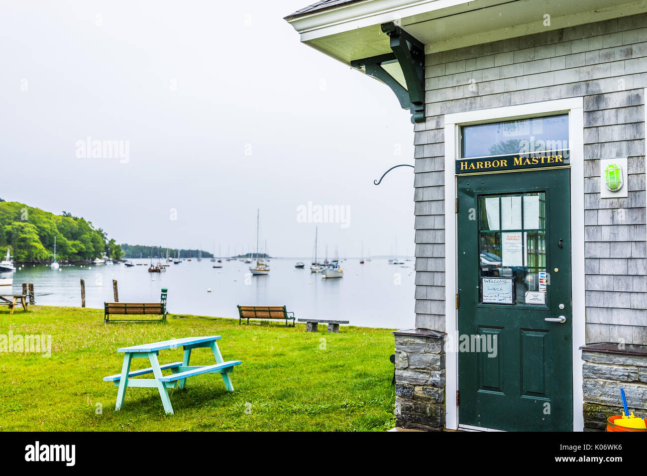 Rockport, USA - June 9, 2017: Harbor Master door sign in small Maine ...