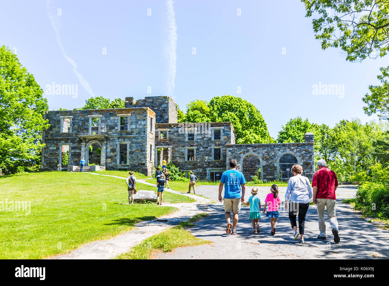 Cape Elizabeth, USA - June 10, 2017: Family people walking to Goddard ...