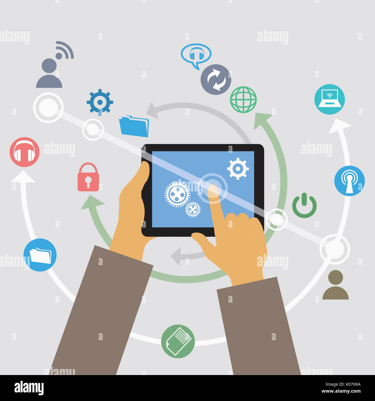 Hands holding touching an electric tablet with infographic and icons ...