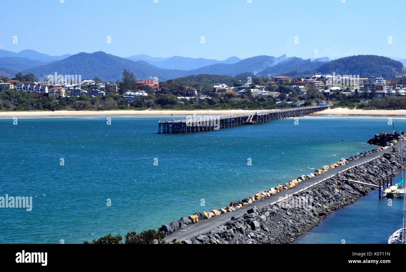 Panoramic view of Jetty beach, blue ocean water and blue sky in Coffs ...