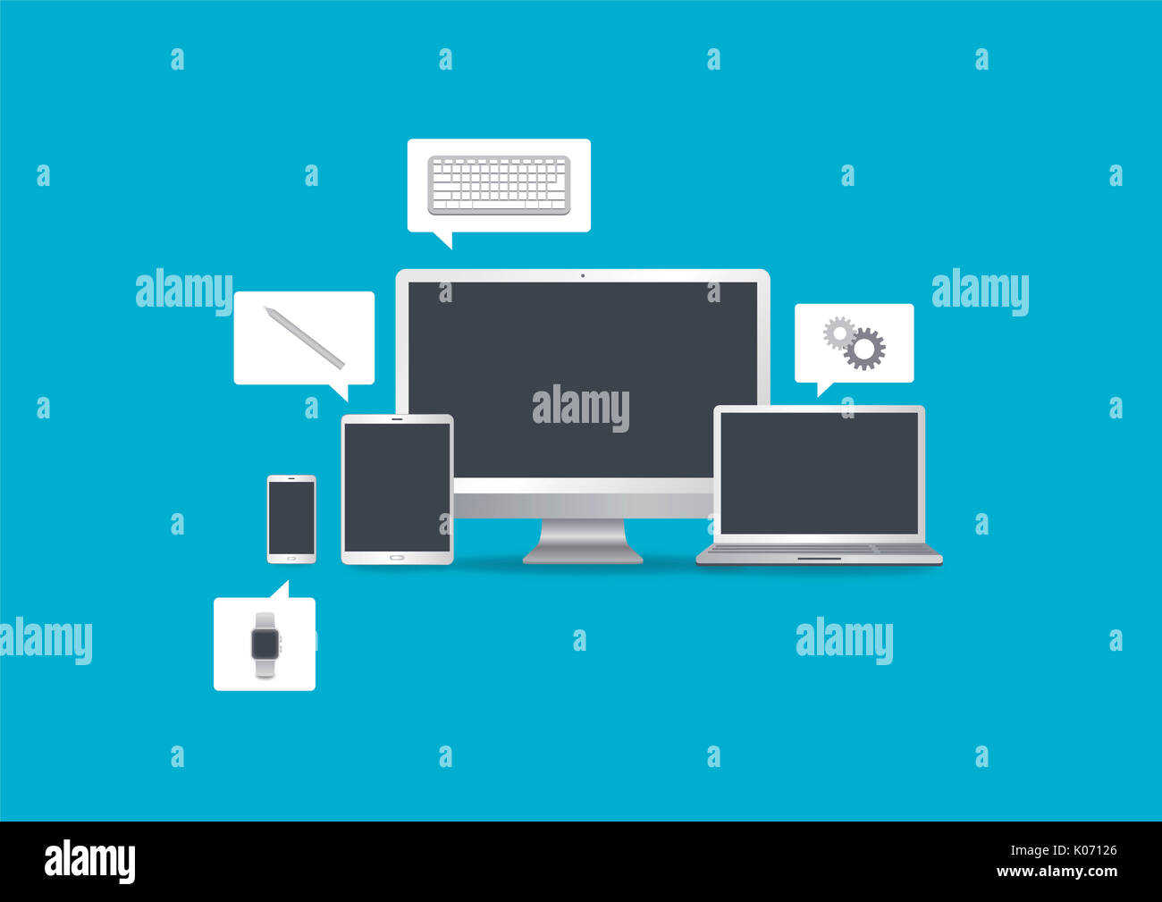Illustration of various digital machinery with speech balloons Stock ...