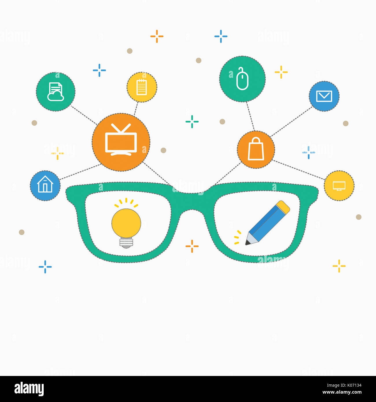 Glasses with various infographics connected Stock Photo - Alamy